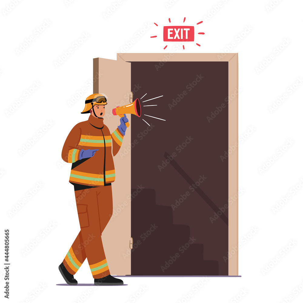 Fireman Character with Loudspeaker Announce Fire Emergency Evacuation ...