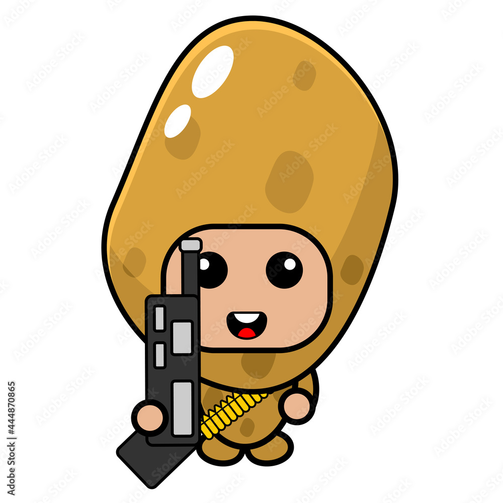 cartoon vector cute potato army mascot costume character holding gun ...