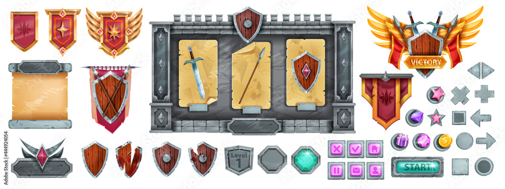 Medieval game interface vector menu button set, stone GUI icon design ...