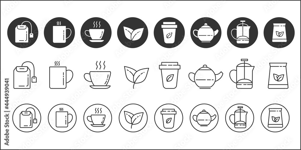 Tea icons. Hot drink simple symbols set. Leaves and cups. Brewing tea ...
