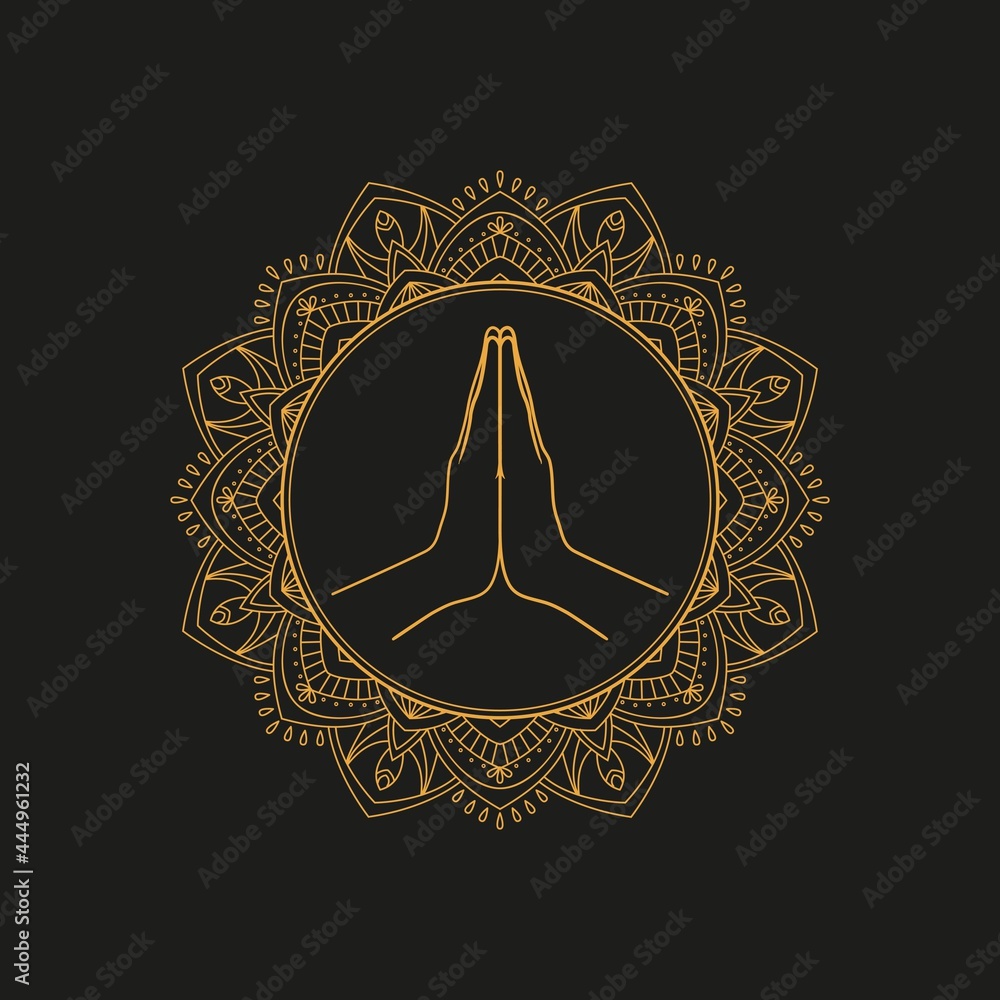Namaste symbol on the ornate golden frame. Vector illustration on dark ...