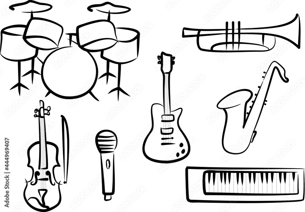 Hand drawn musical instruments. Guitar, violin, saxophone, drum, piano ...