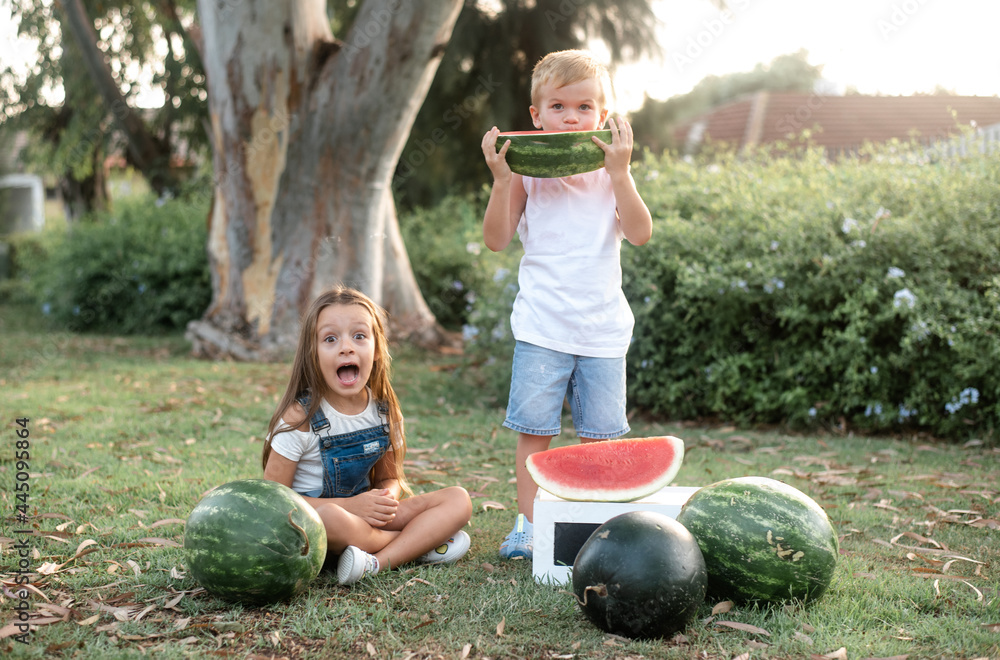 kids smiling very emotional and eating watermelon. Funny children hold ...