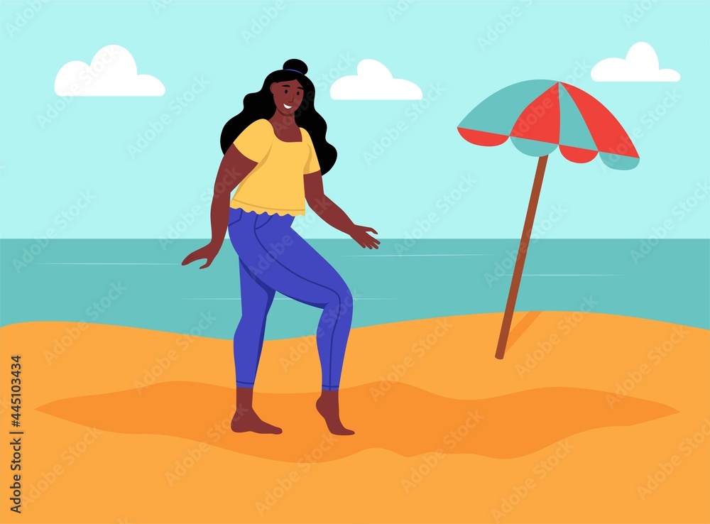 Young curvy woman on the beach. Body positive, self-love. Flat cartoon ...