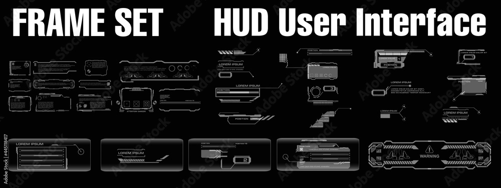 HUD style callouts and titles. Set futuristic user interface elements. Headings, technical ...