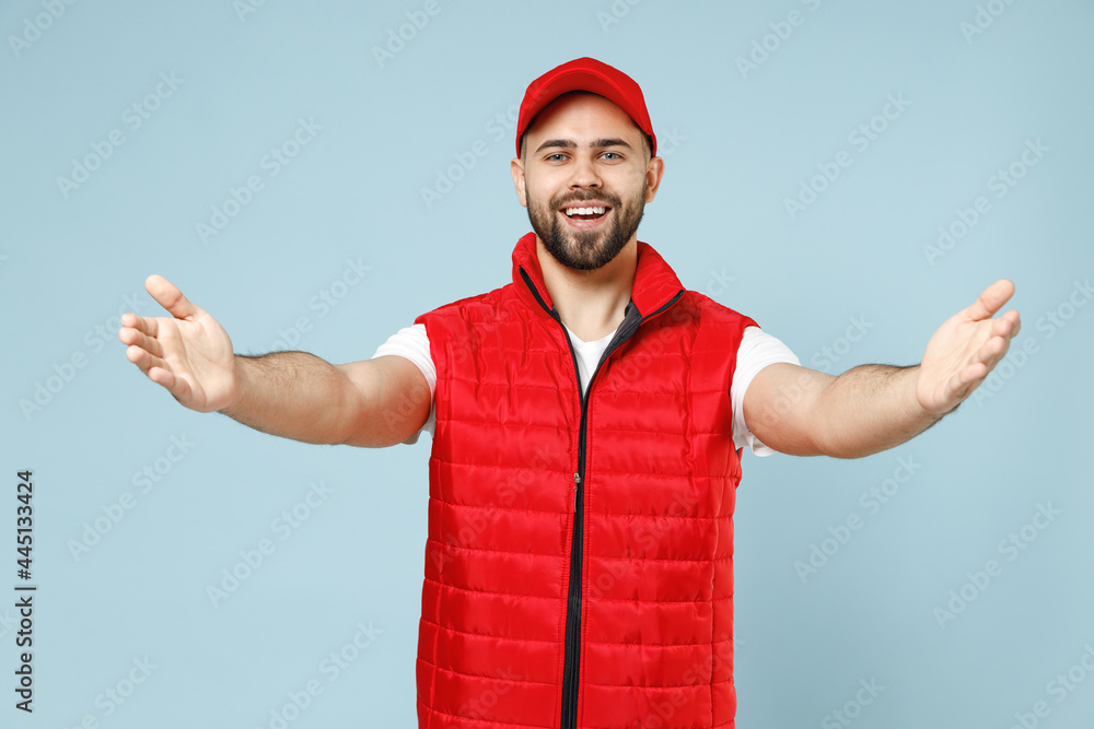 Professional delivery guy employee man in red cap white T-shirt vest ...