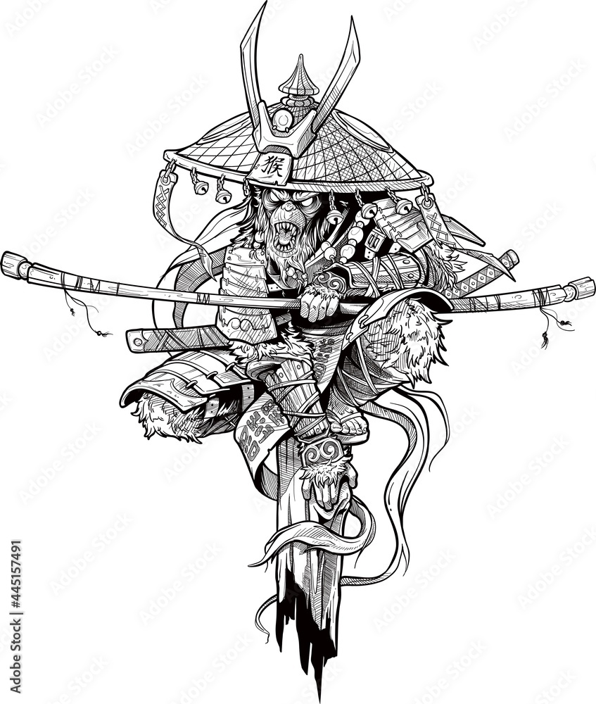 Cartoon angry monkey king character. Japanese samurai in traditional ...