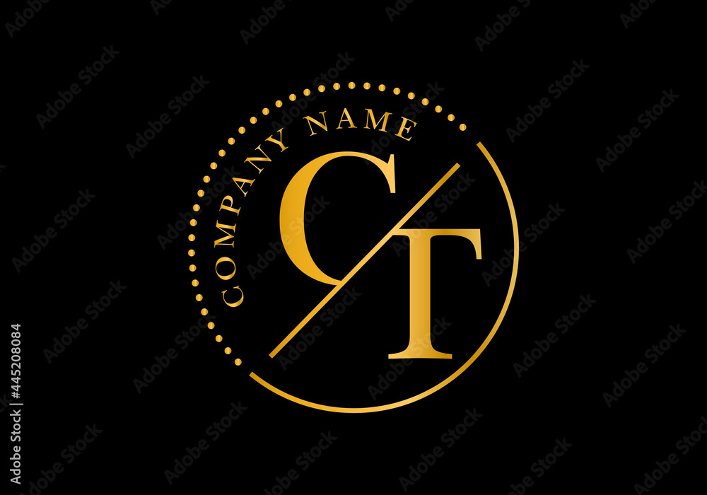 Golden letters CT with golden circle frames. Graphic Alphabet Symbol ...