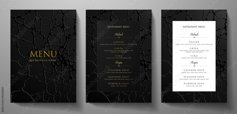 Black restaurant menu design with crack texture (grunge patten ...