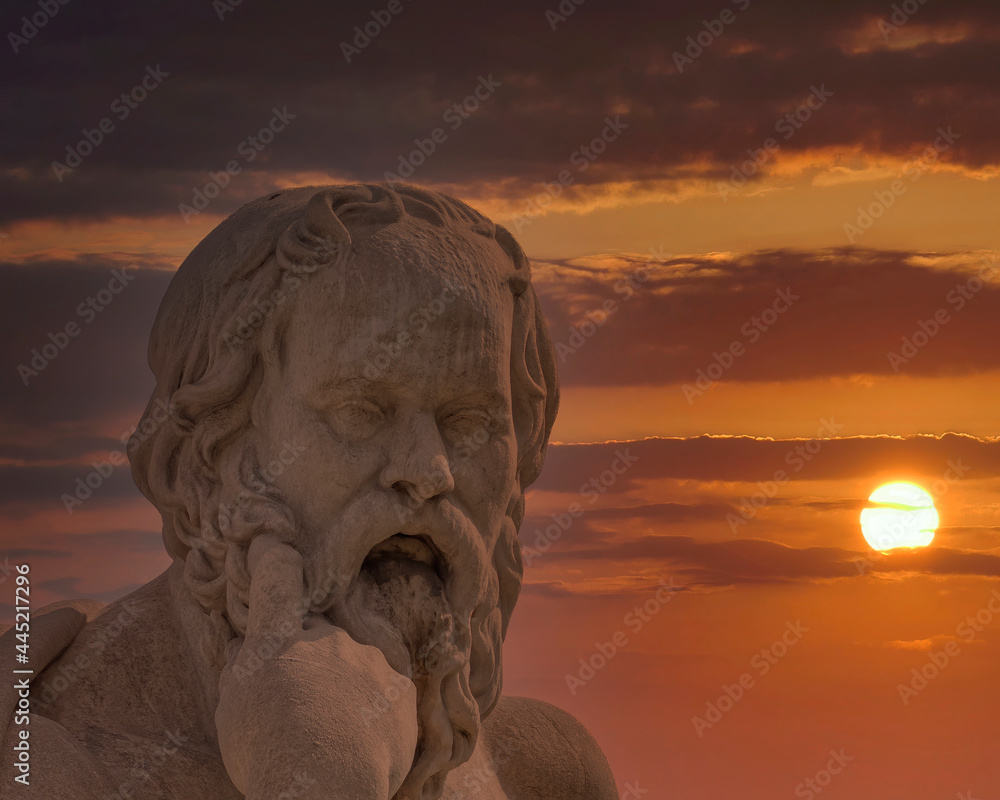 Socrates the ancient Greek philosopher statue and dramatic sundown ...