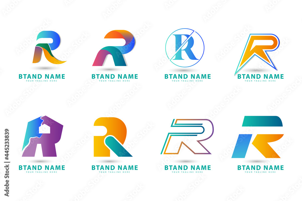 เวกเตอร์ Stock 8 sets of letter R logos, colorful, abstract lines, for ...