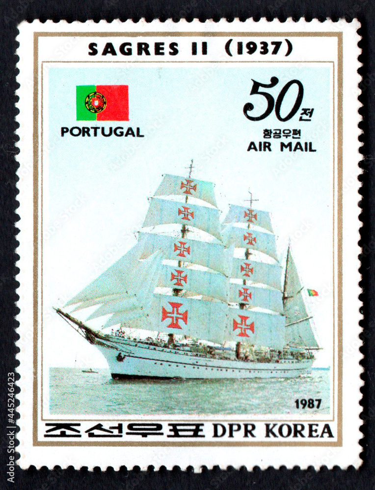 Korean postage stamp old sailing ship. Portuguese sailing ship Sagres ...