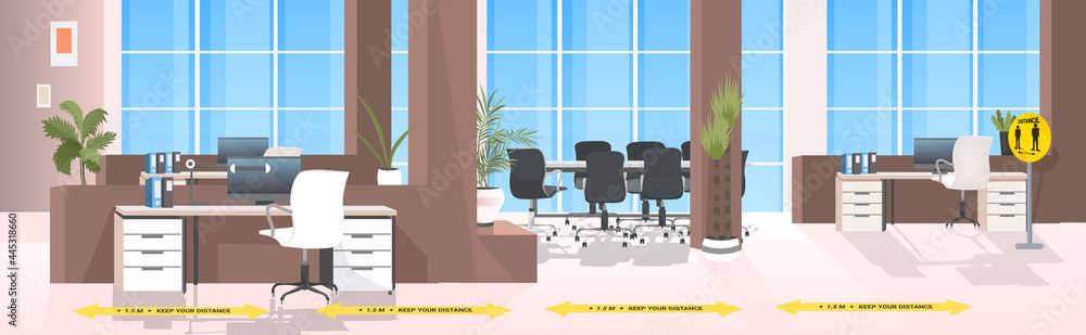 Vector de Stock workplace desks with signs for social distancing yellow ...