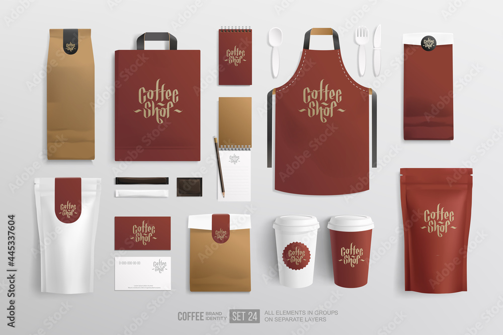 Vector de Stock Coffee shop, Cafe branding items and package set with ...