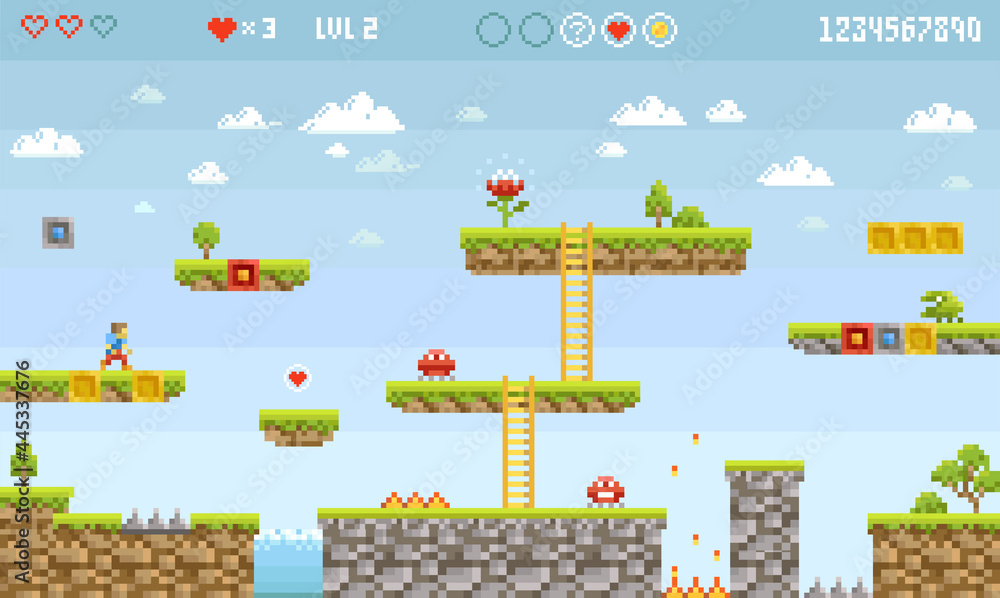 Pixel Art 8-bit elements for retro video game level design. Vintage ...