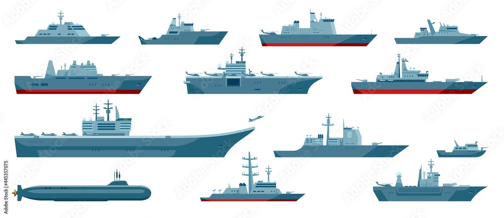 Military boats. Aircraft carrier, warship, navy frigate, battleship ...