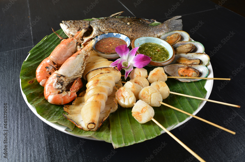 mixed bbq grill seafood scallop stick, octopus, prawn, fish, muscle ...
