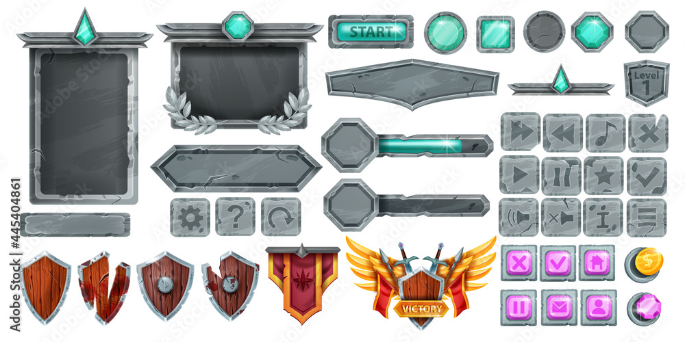 Stone UI game frame set, rock cracked vector button kit, victory badge ...