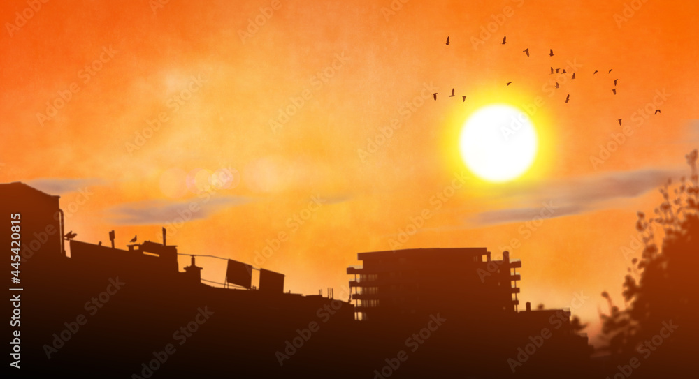 sun in scorching summer day in heat wave, hot weather in city Stock ...