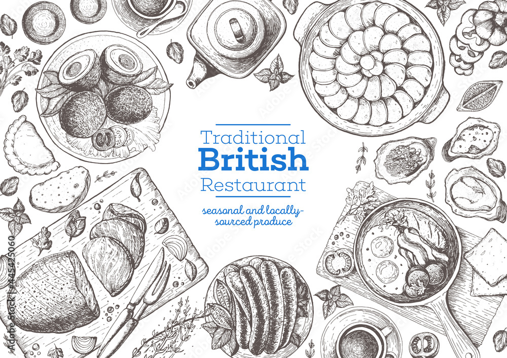 British cuisine top view frame. Food menu design with traditional ...