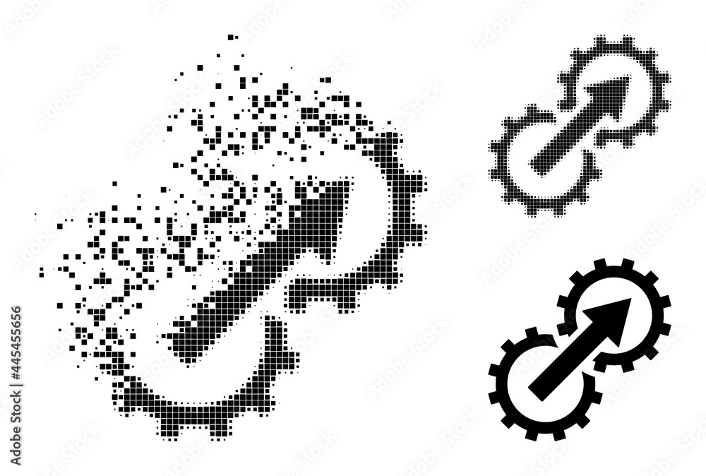 Disappearing pixelated gear integration icon with destruction effect ...