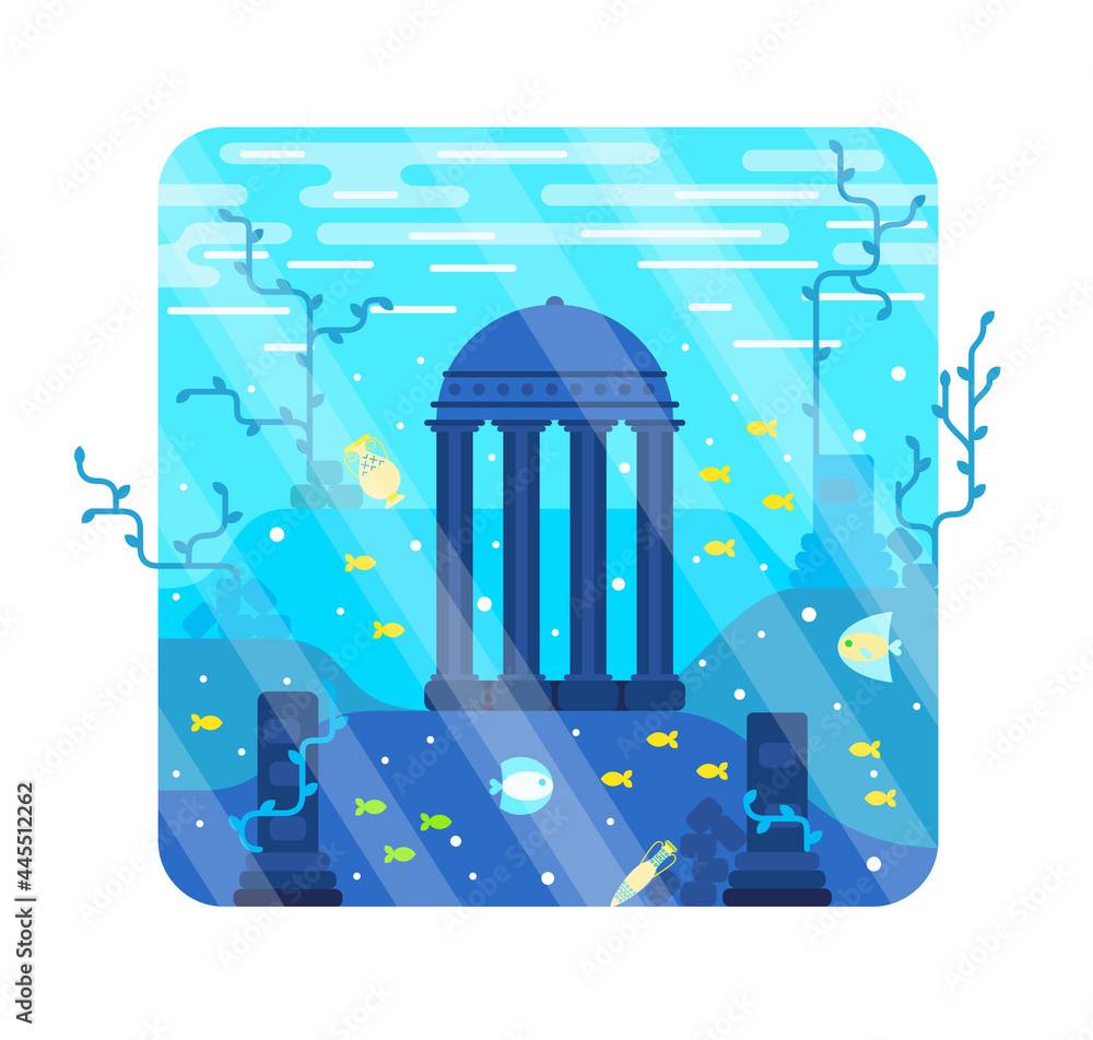 Ancient city, destroyed columns and a colonnade on the seabed. Vector ...