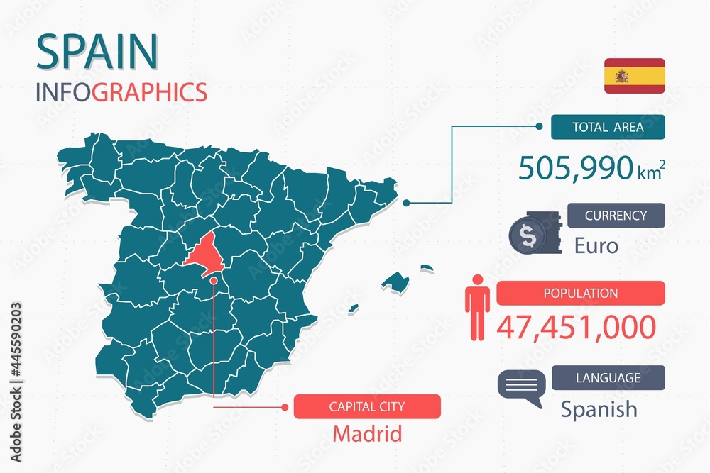 Spain map infographic elements. with separate of heading is total areas ...