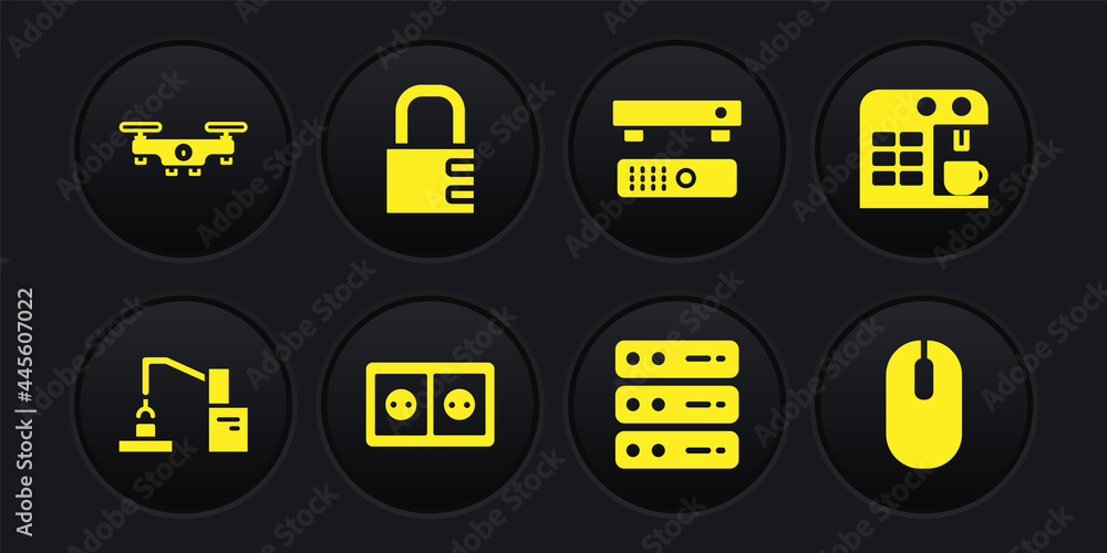 Set Robotic robot arm hand factory, Coffee machine, Electrical outlet, Server, Data, Web Hosting ...