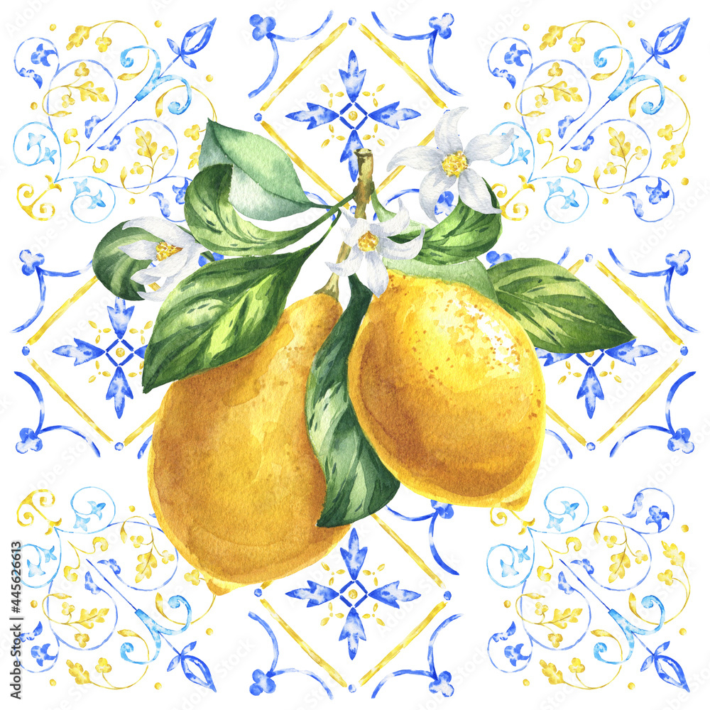 Mediterranean ornament with lemons, square tile. Watercolour Italian ...