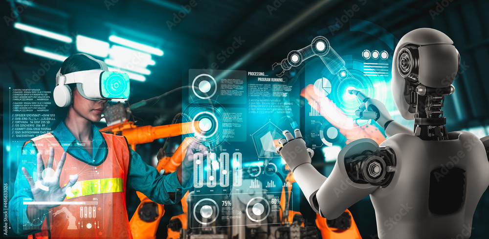 Mechanized industry robot and human worker working together in future ...