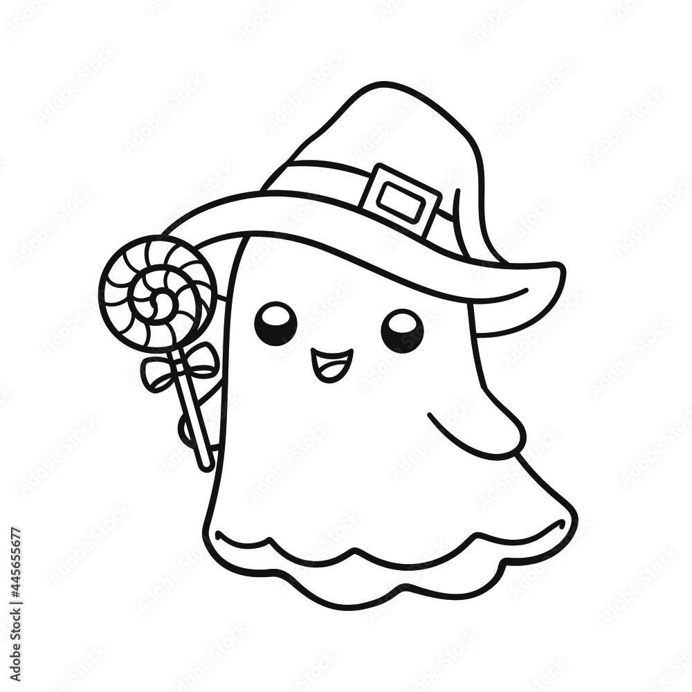 Cute ghost wearing witch hat holding candy outline doodle cartoon ...