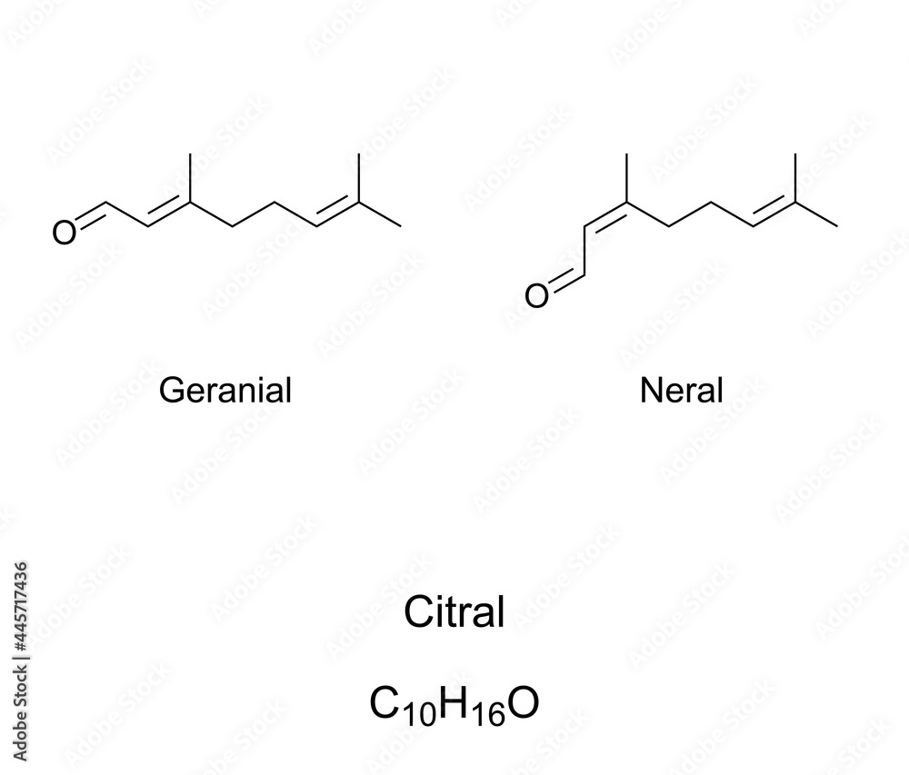 Citral or lemonal, chemical formulas. Mixture of organic compounds ...