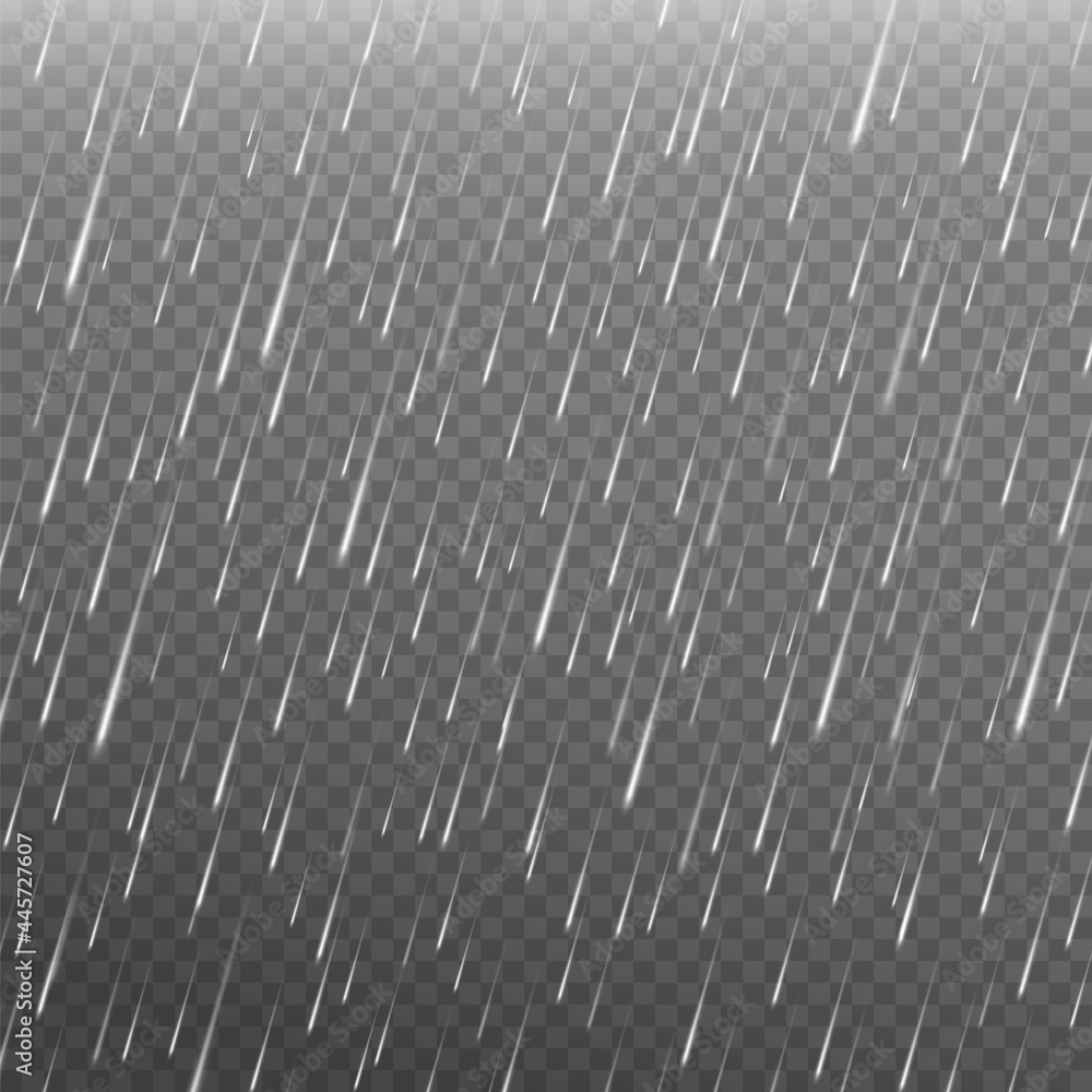 Rain effect. Realistic water drops falling from sky. Heavy rain weather ...