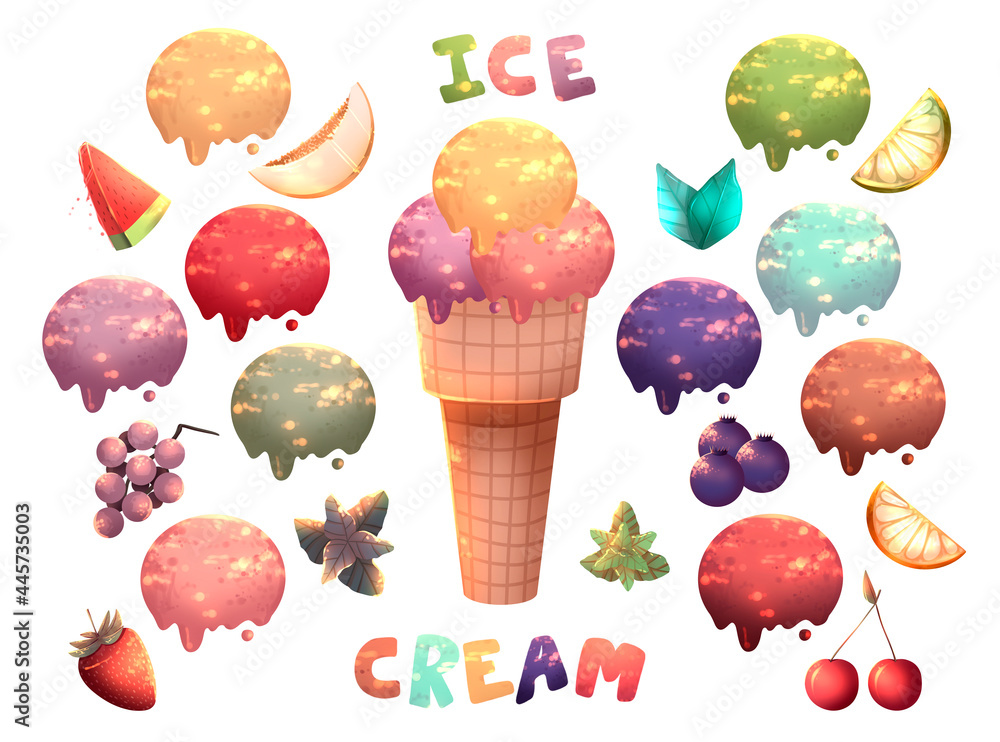 Ice cream constructor menu illustration. Ice cream scoops with ...