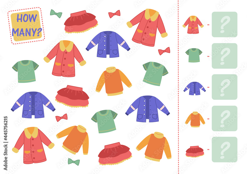 Stock-Vektorgrafik „Math mini-game with clothes. Count how many ...