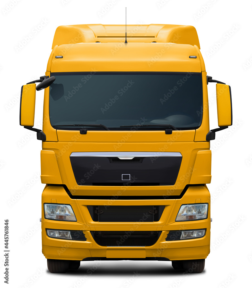 The powerful European truck is completely yellow. Front view isolated ...