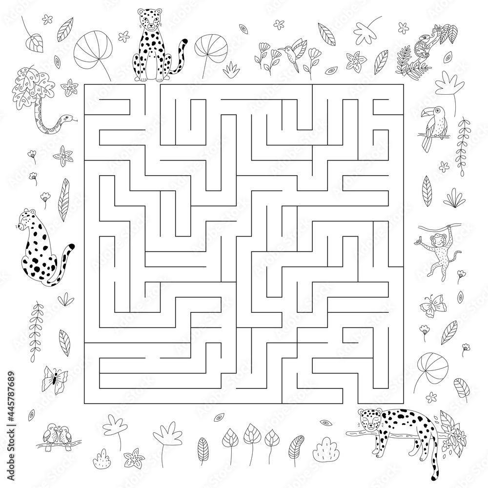 Maze game for kids. Cute cartoon jungle animals - leopards, monkey ...