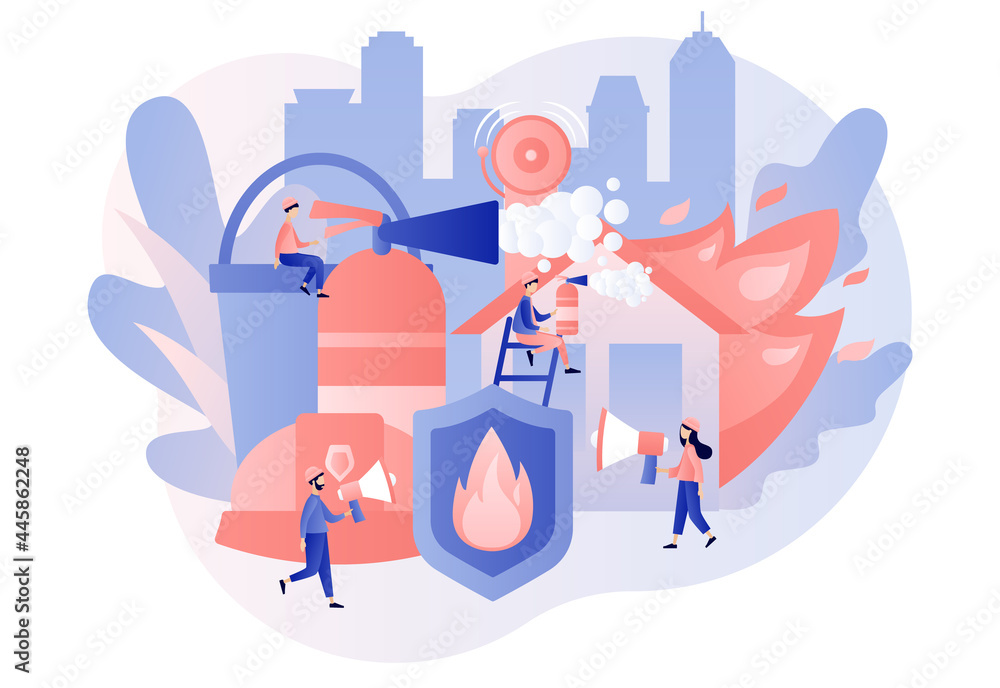 Fire protection. Fire prevention technologies. Tiny people firefighters ...