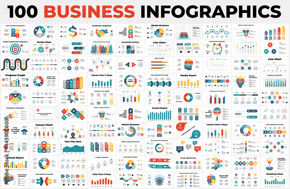 100 Business Infographics. Presentation slide templates. Charts, graphs ...