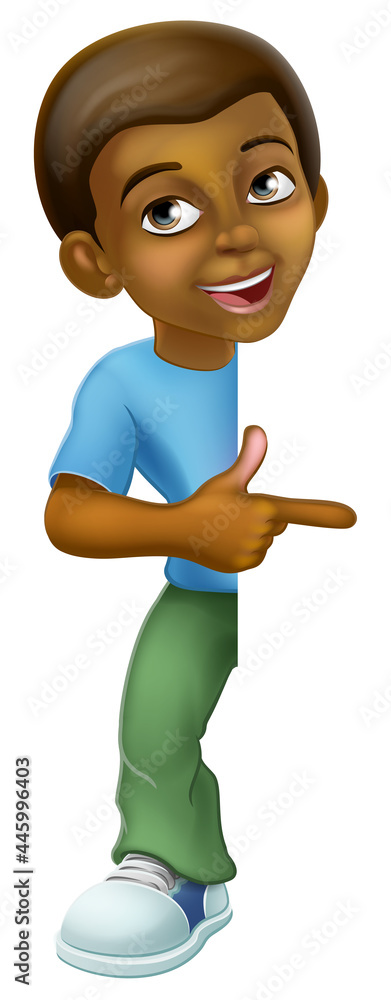 Black Boy Cartoon Child Kid Pointing Sign Stock Vector | Adobe Stock