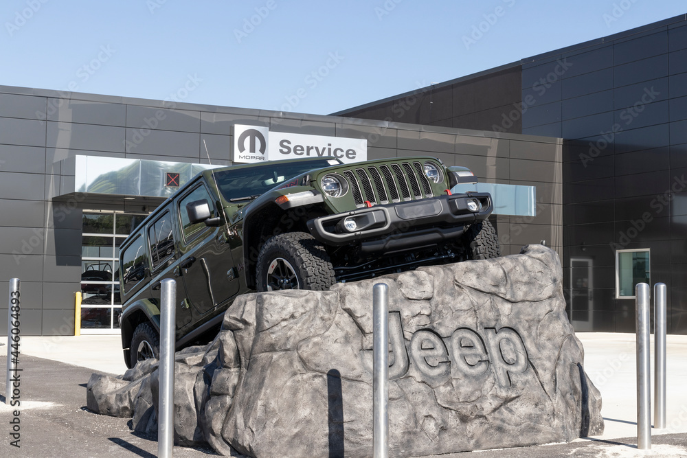Jeep Wrangler display at a Chrysler dealership. The Stellantis ...