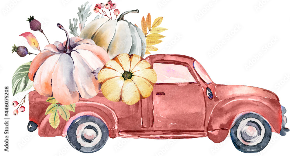 watercolor harvest truck, fall pumpkin harvest clipart. Thanksgiving ...