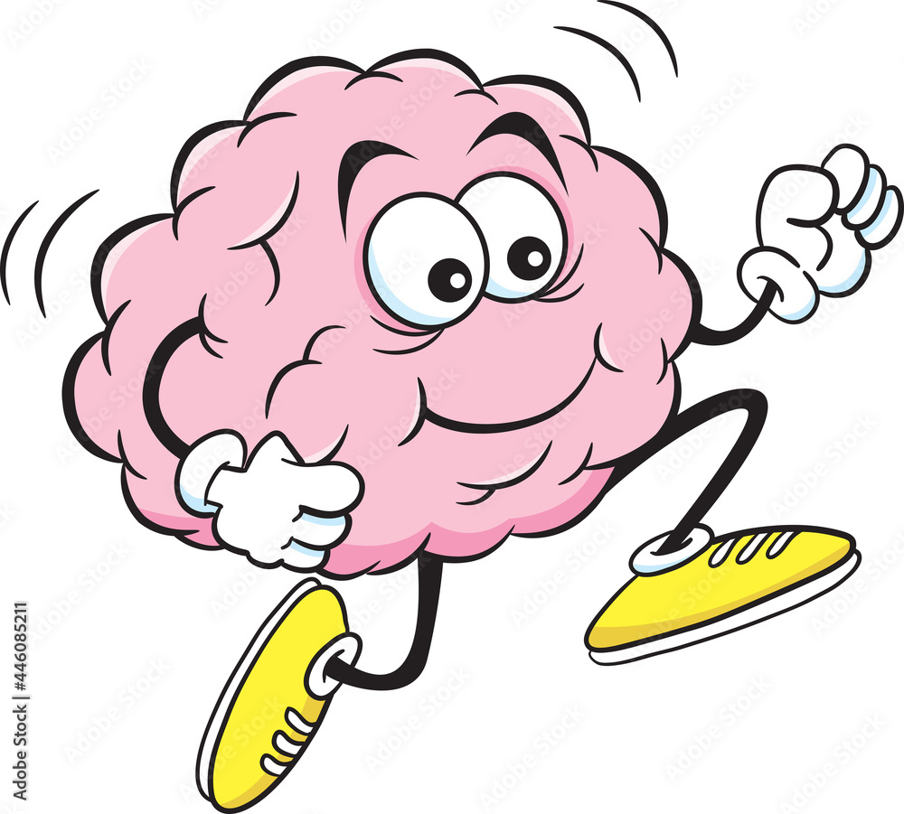 Cartoon illustration of a brain running while wearing athletic shoes ...