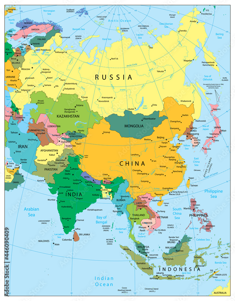Asia highly detailed political map Stock Vector | Adobe Stock