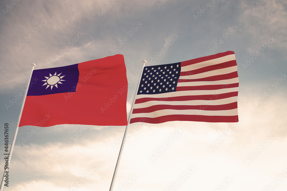 Flags of Taiwan and USA waving with cloudy blue sky background, 3D ...