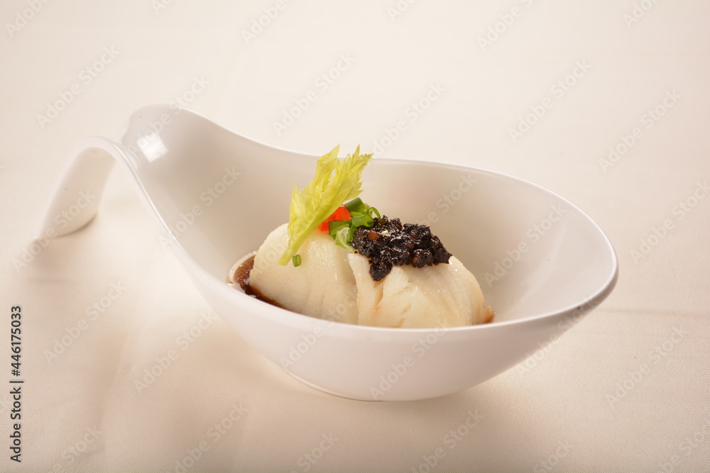 steamed fresh cod grouper fish fillet with vegetable, herb and black ...