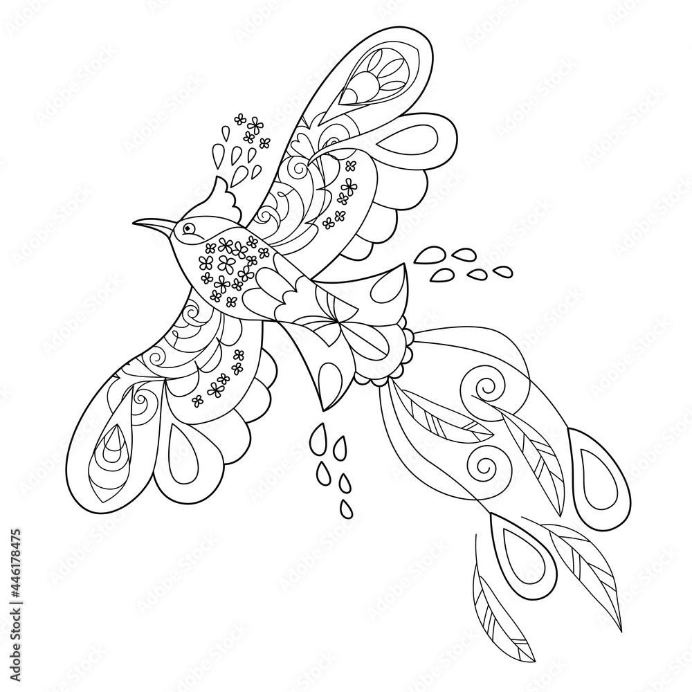 Tropical fancy bird. Black and white picture. Contour linear ...
