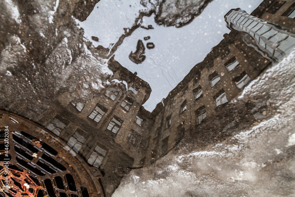 Puddle reflection of vintage house courtyard Stock Photo | Adobe Stock