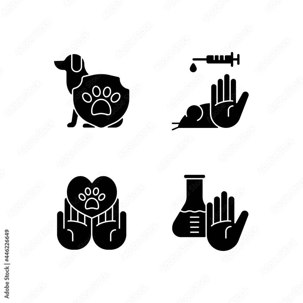 Animal testing black glyph icons set on white space. Pet welfare ...