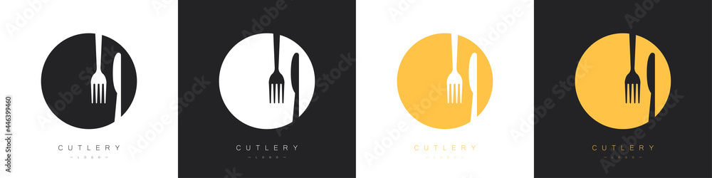 Cutlery logos set. Fork and knife on a plate. Vector illustration Stock ...